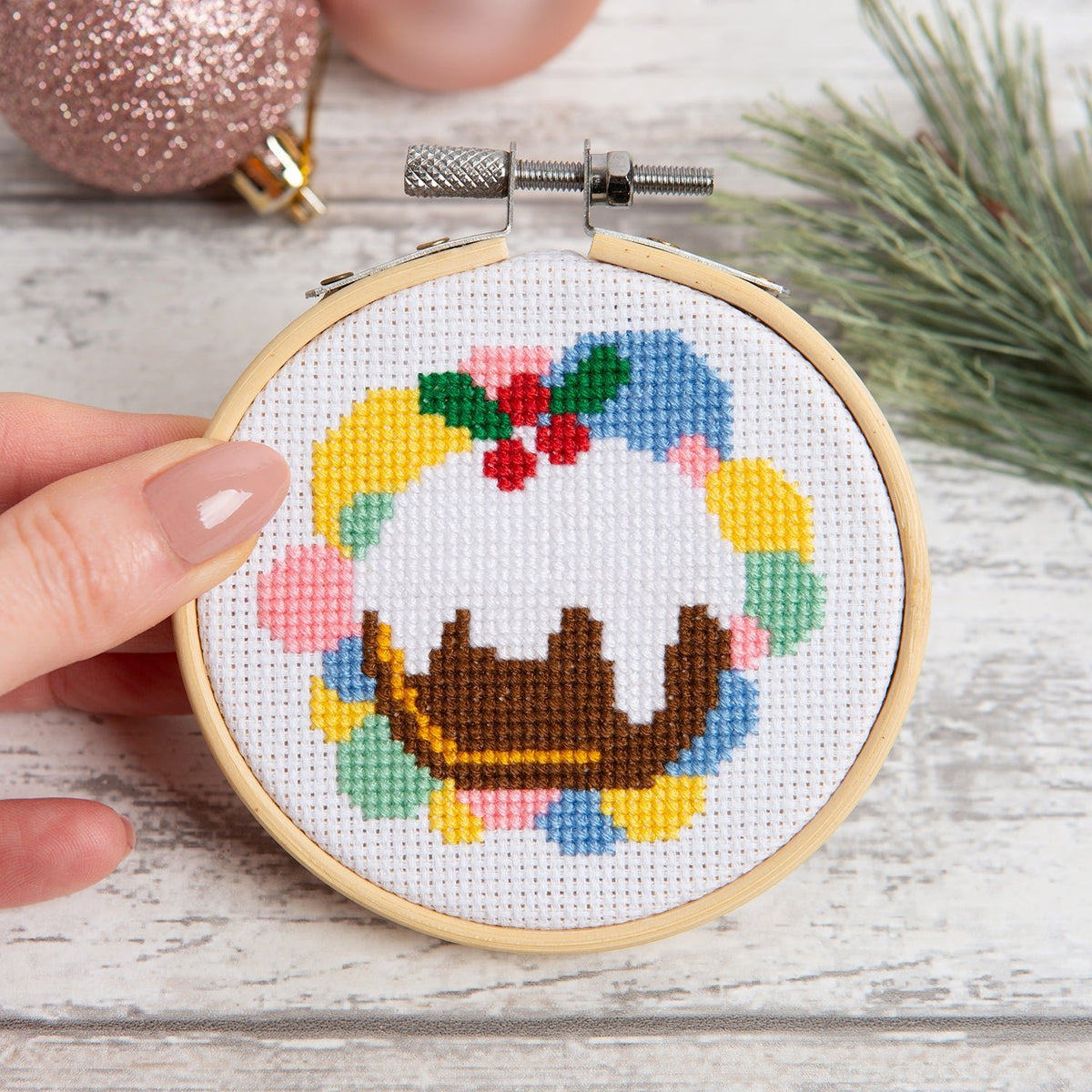 Christmas Pudding Cross Stitch Kit - 3 Inch Hoop | Wool Couture
