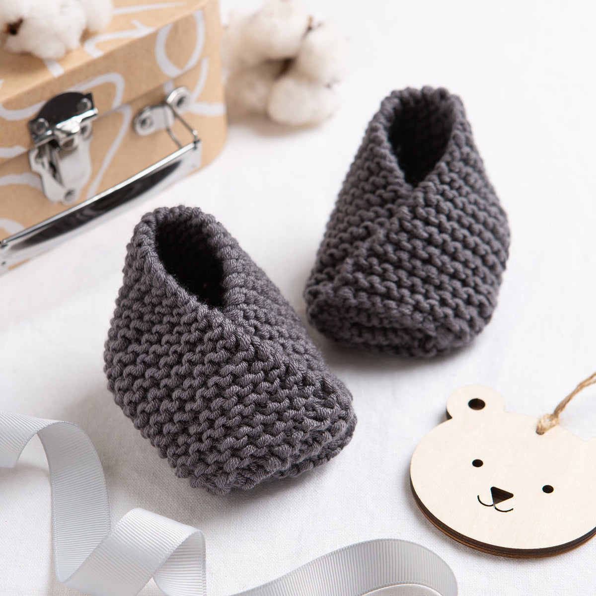 Embroidered Baby Booties Knitting Kit - Granite & Natural Cream | Wool ...