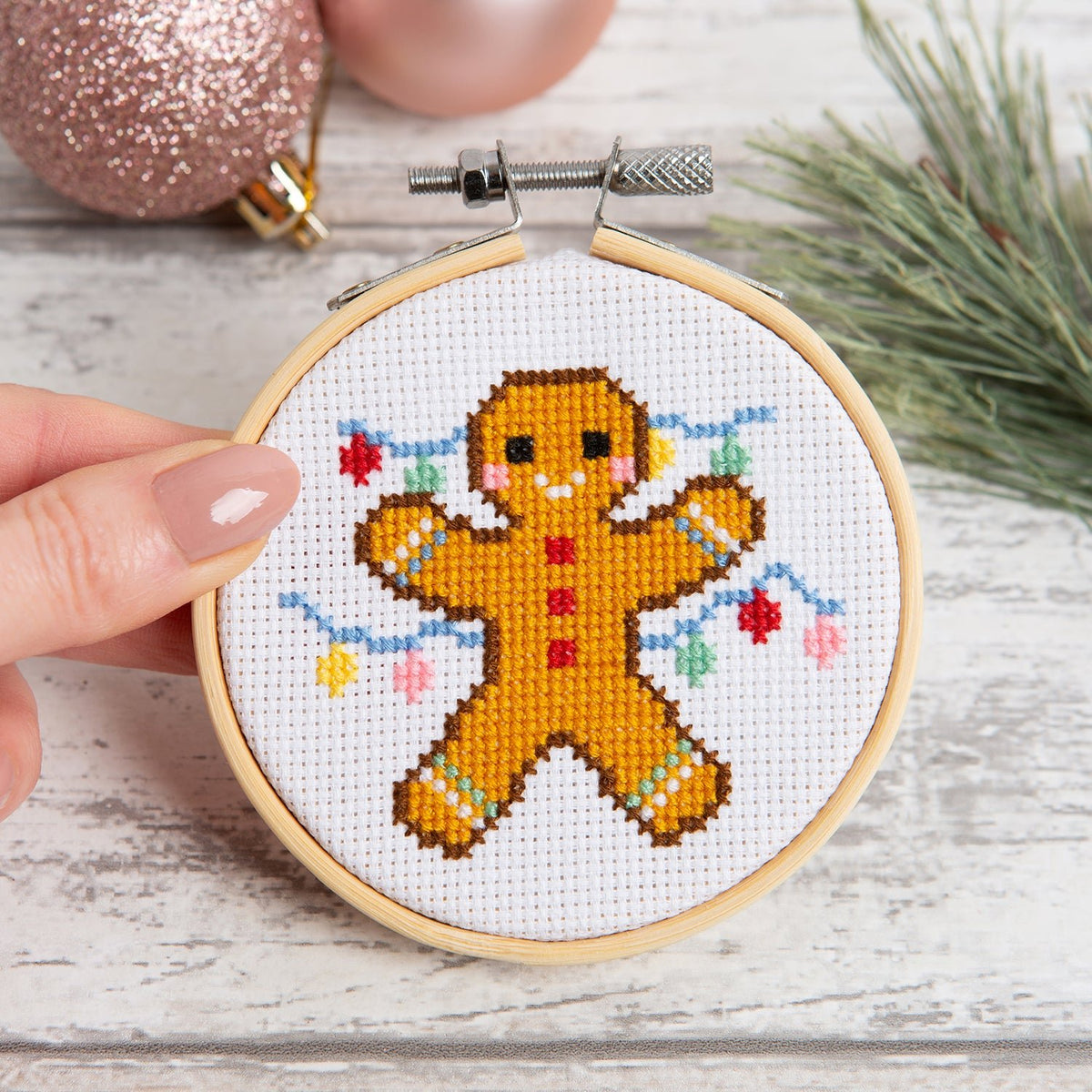 Gingerbread Man Christmas Cross Stitch Kit - 3 Inch Hoop | Wool Couture