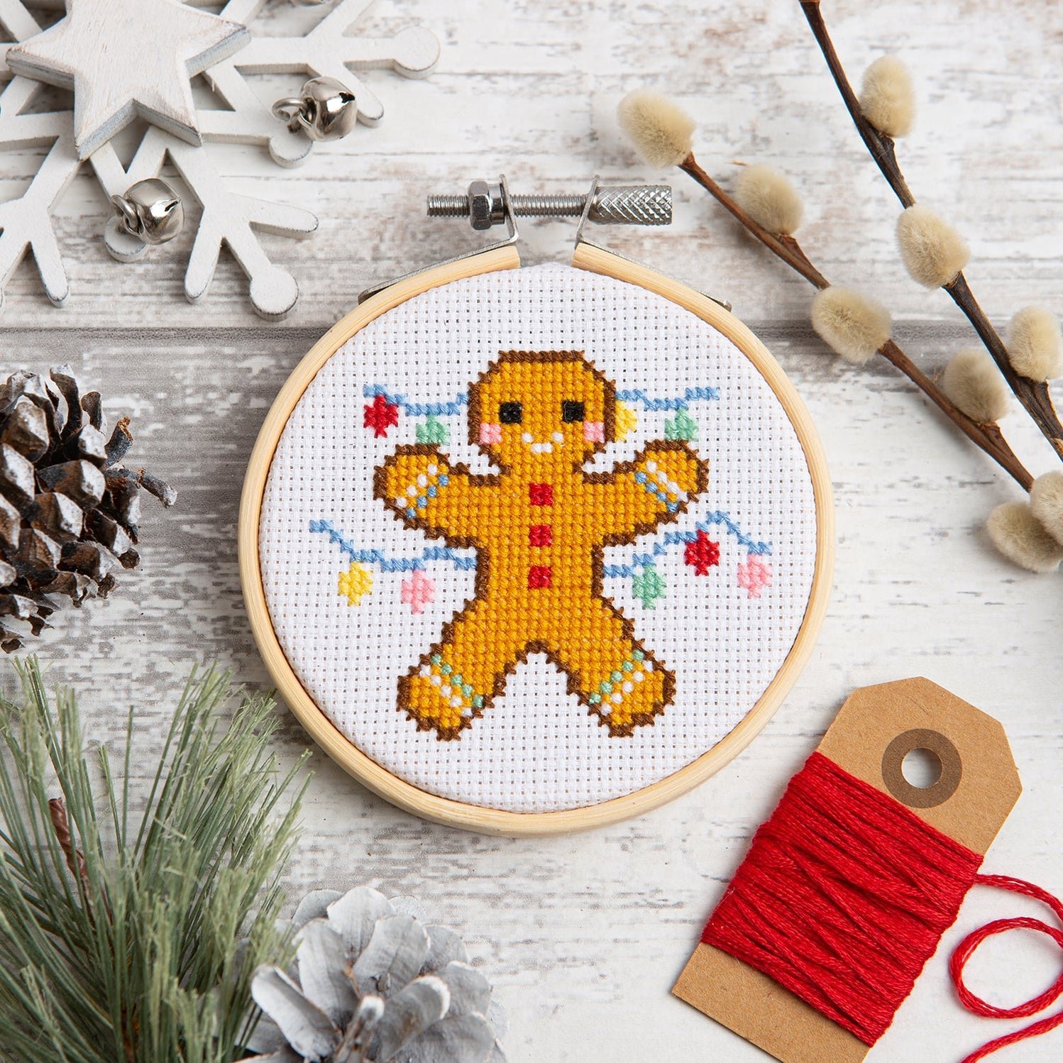 Gingerbread Man Christmas Cross Stitch Kit - 3 Inch Hoop | Wool Couture